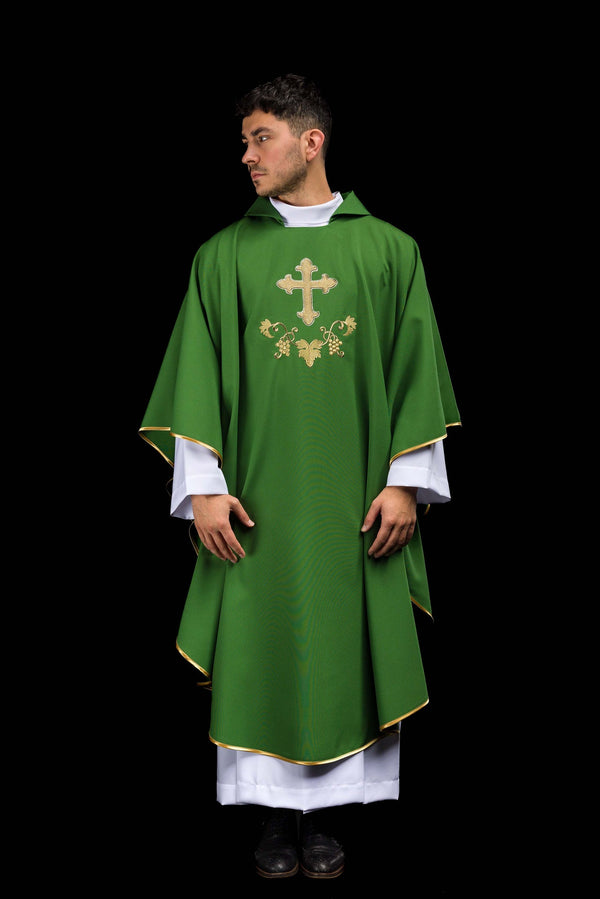 Green chasuble embroidered with a cross symbol and a wide collar