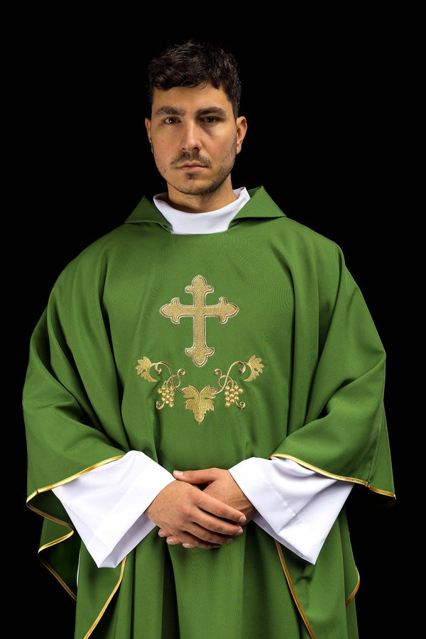 Green chasuble embroidered with a cross symbol and a wide collar