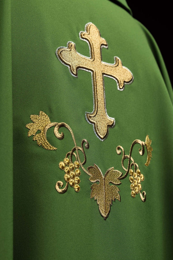 Green chasuble embroidered with a cross symbol and a wide collar