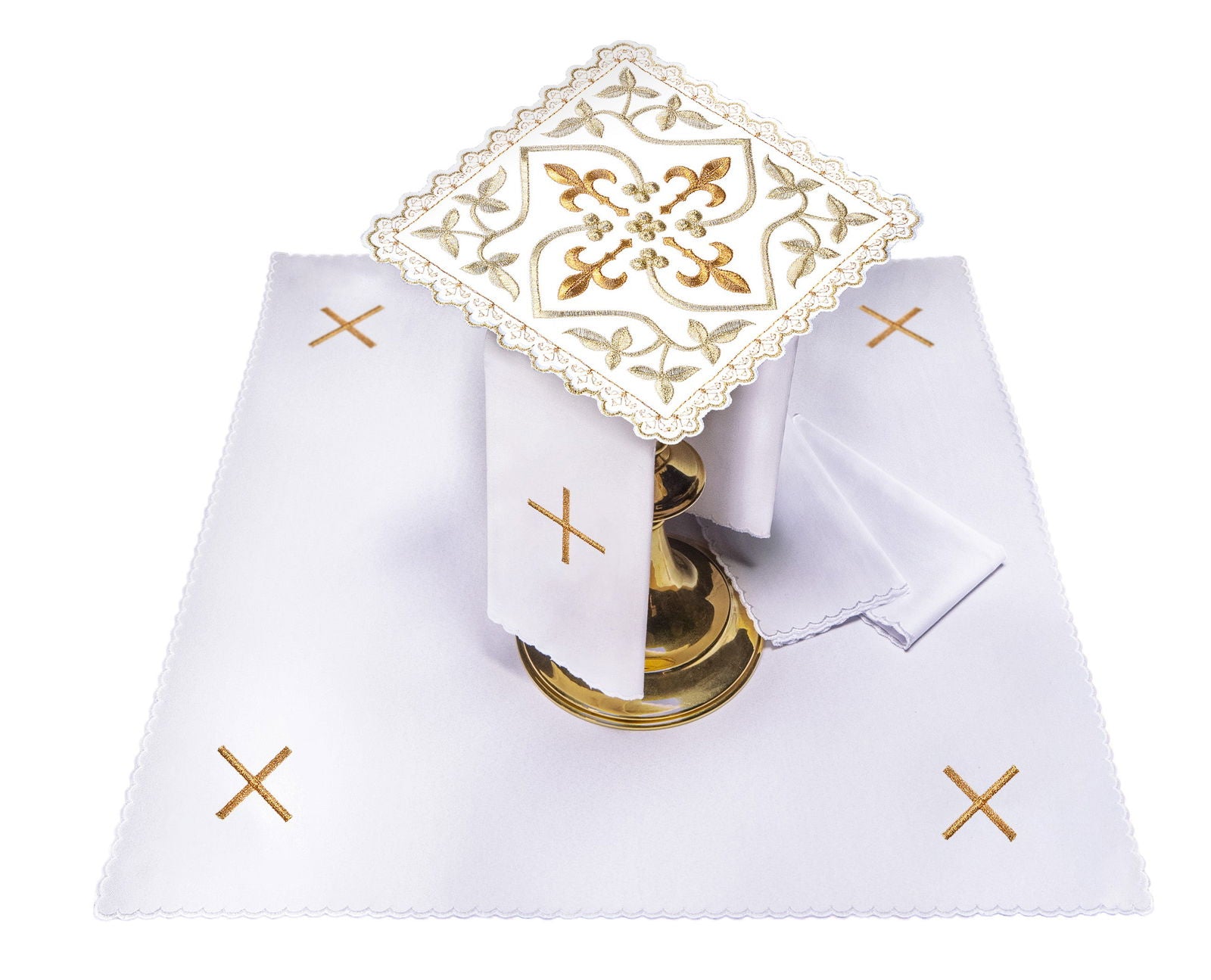 Altar linens with cross motif with gold embellishments and embroidered ...