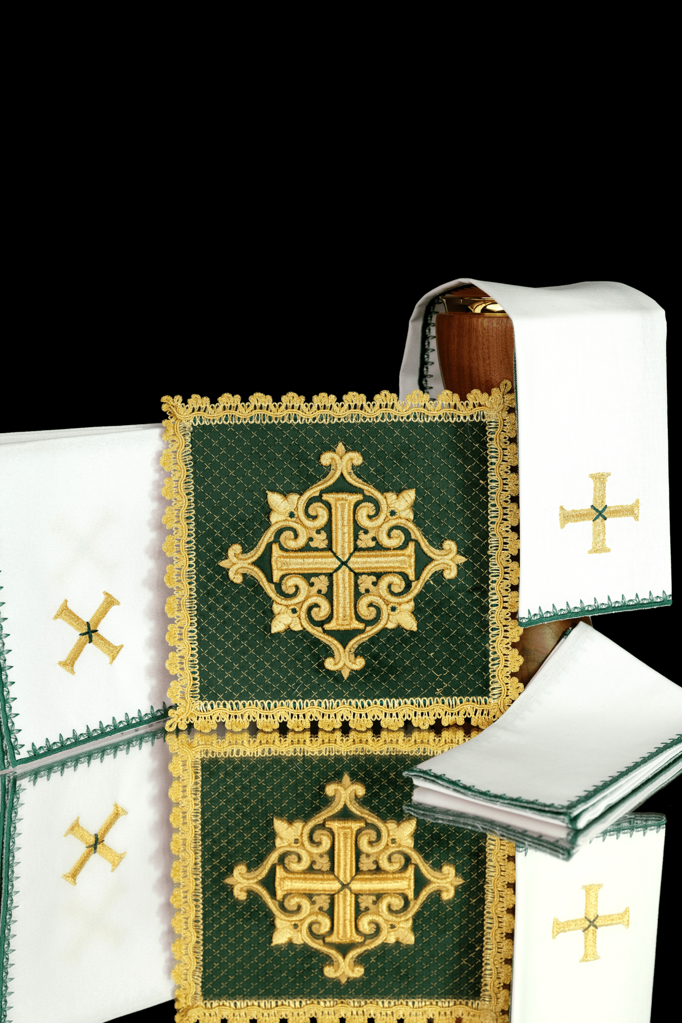 Altar Linens with embroidered cross, green velvet