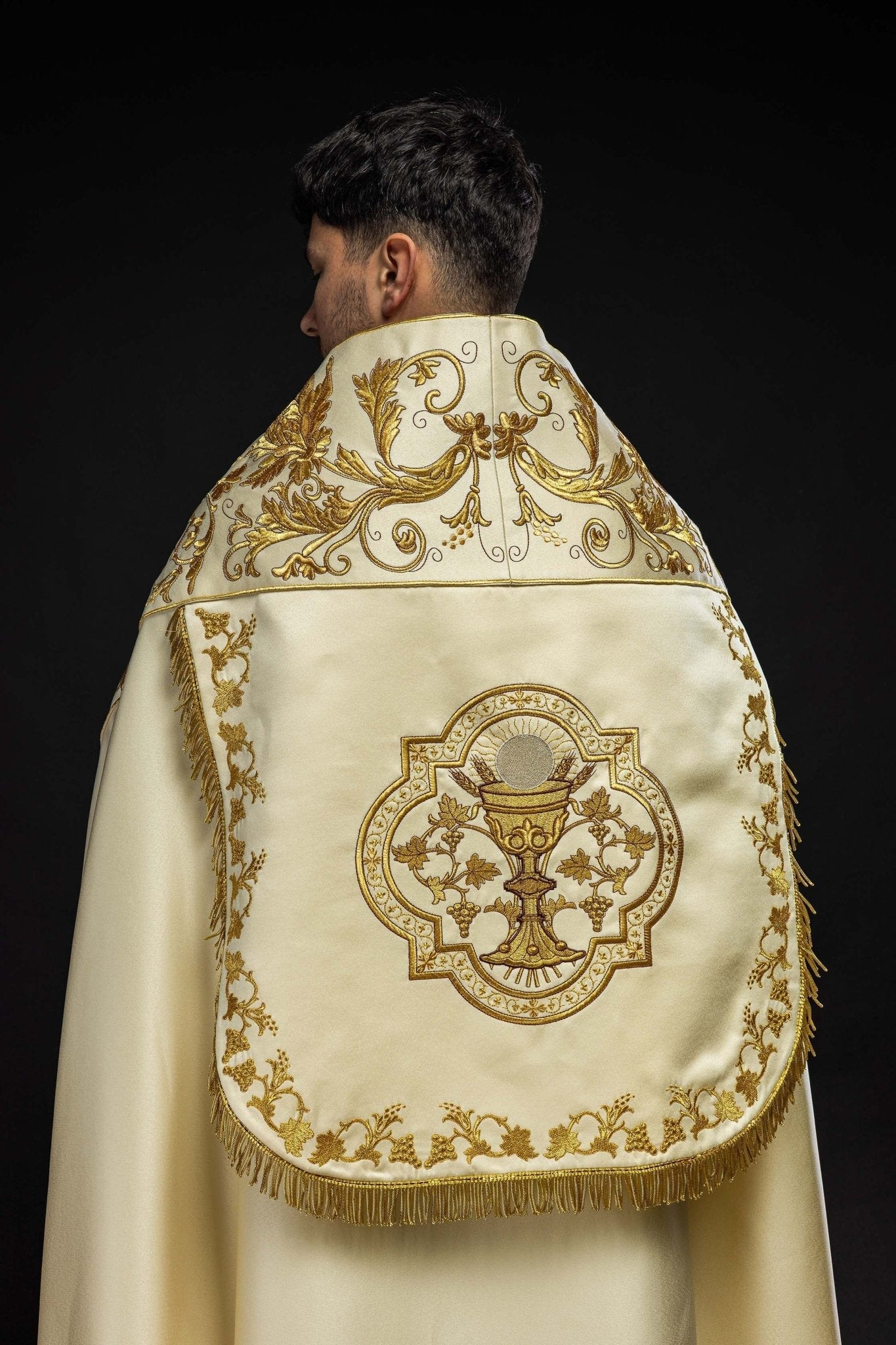 Ecru satin Roman cape with embroidered chalice