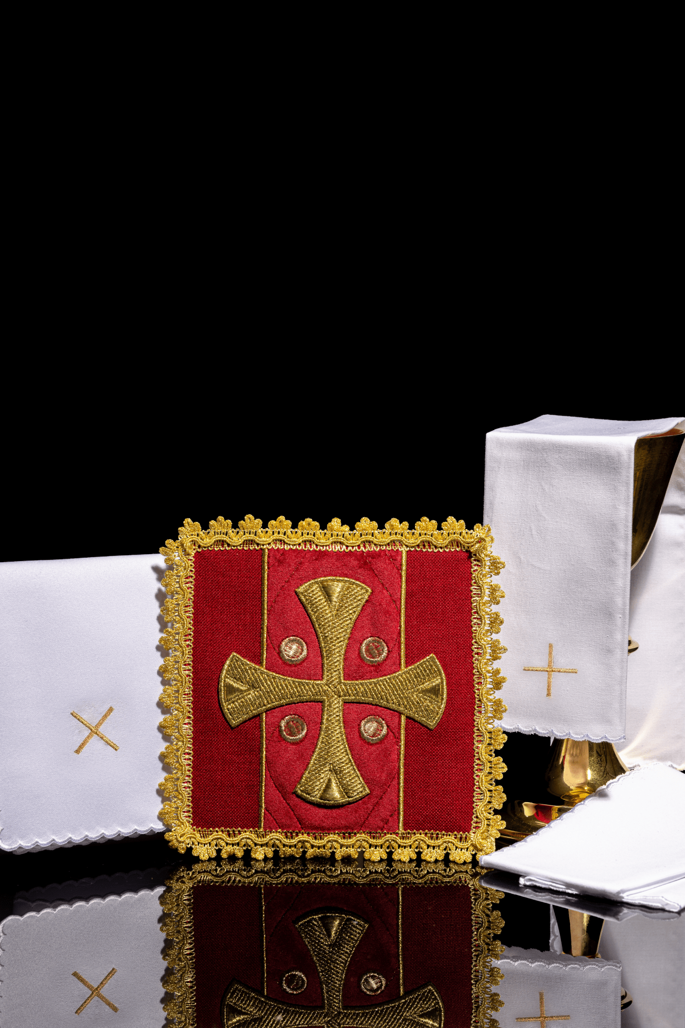 Red chalice linen embroidered on velvet