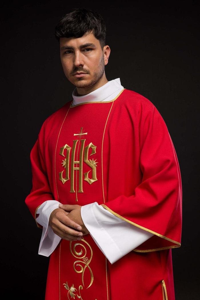 Red dalmatic with embroidered IHS band