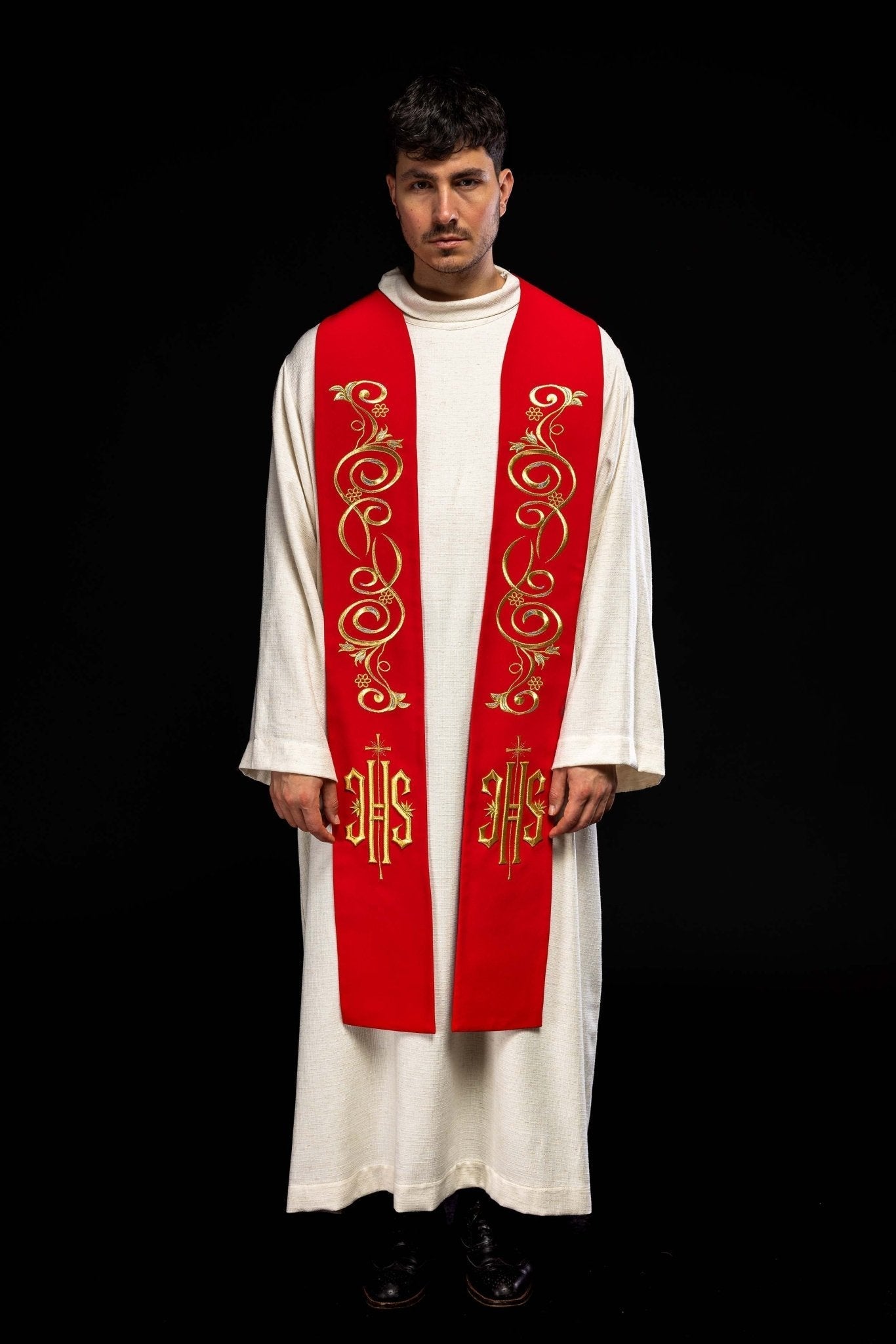 Red IHS Embroidered Priestly Stole